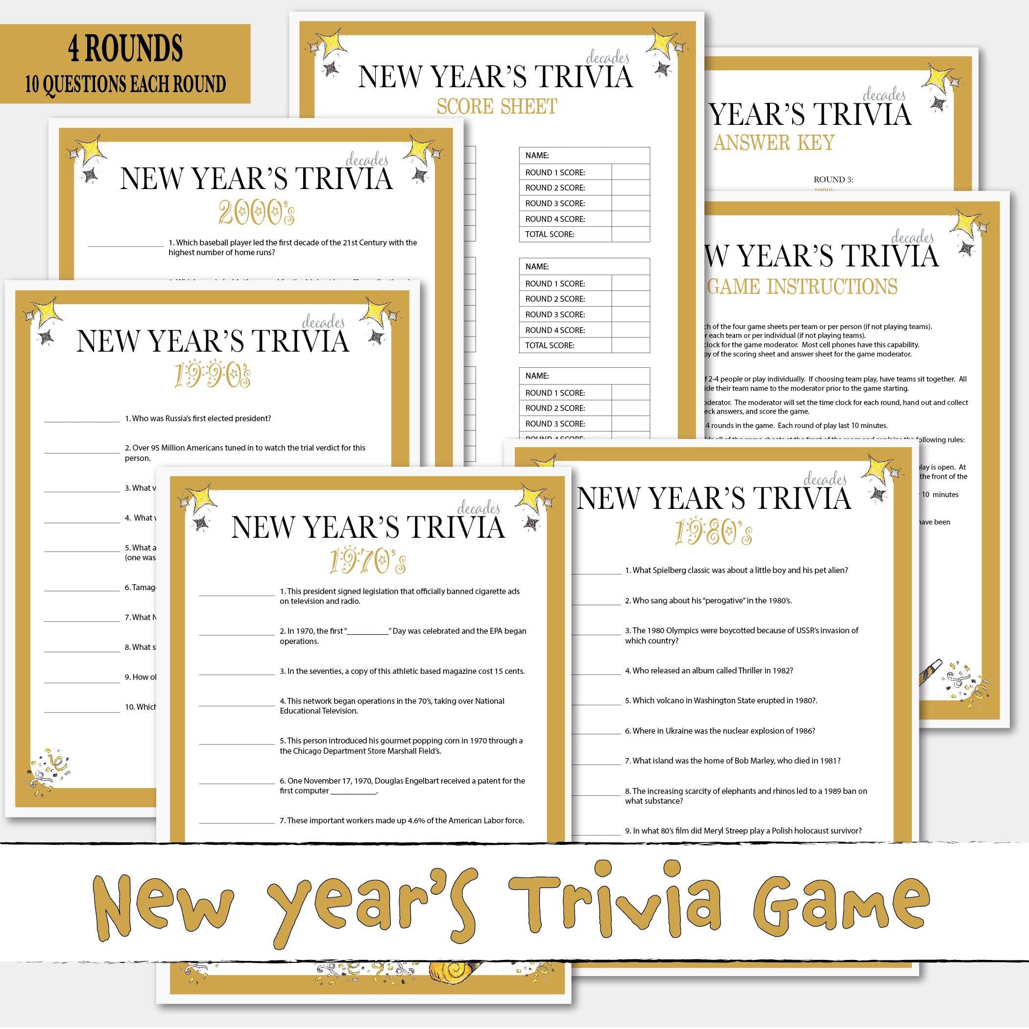 Printable New Year's Trivia Game 4 Rounds 40 Questions Complete Game K ...